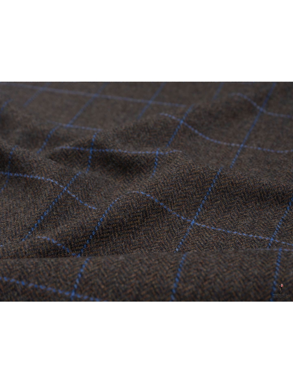 Tessuto Tweed Lana Finestrato Spinato Marrone Azzurro IFLA401